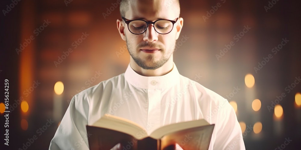 Inspiring Christian priest holds open Bible during powerful homily. AI ...