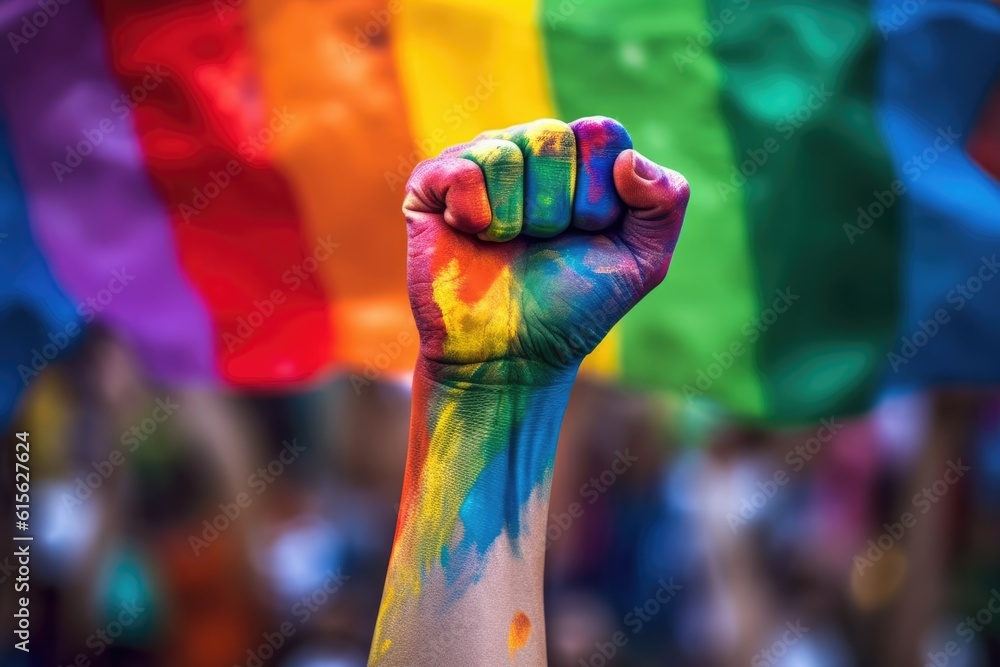 Hand with a clenched fist painted with the colors of the gay or lgtbi ...
