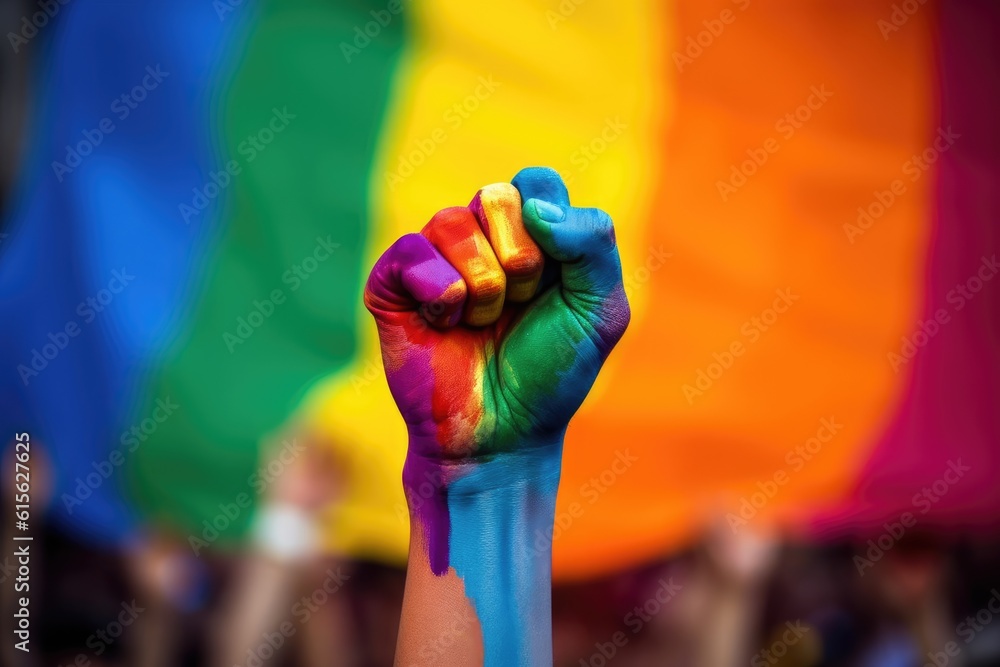 Hand with a clenched fist painted with the colors of the gay or lgtbi ...