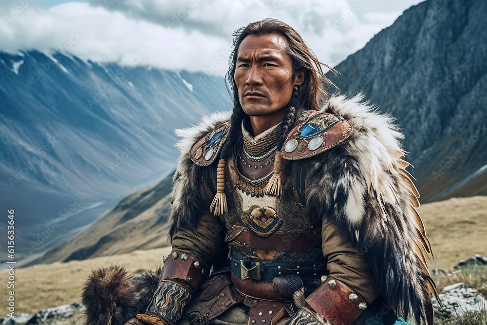 portrait of medieval Asian male Kazakh warrior in traditional armor in ...