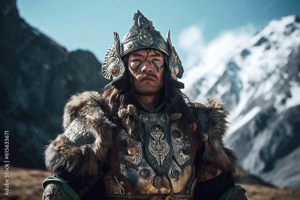 portrait of medieval Asian male Kazakh warrior in traditional armor in ...