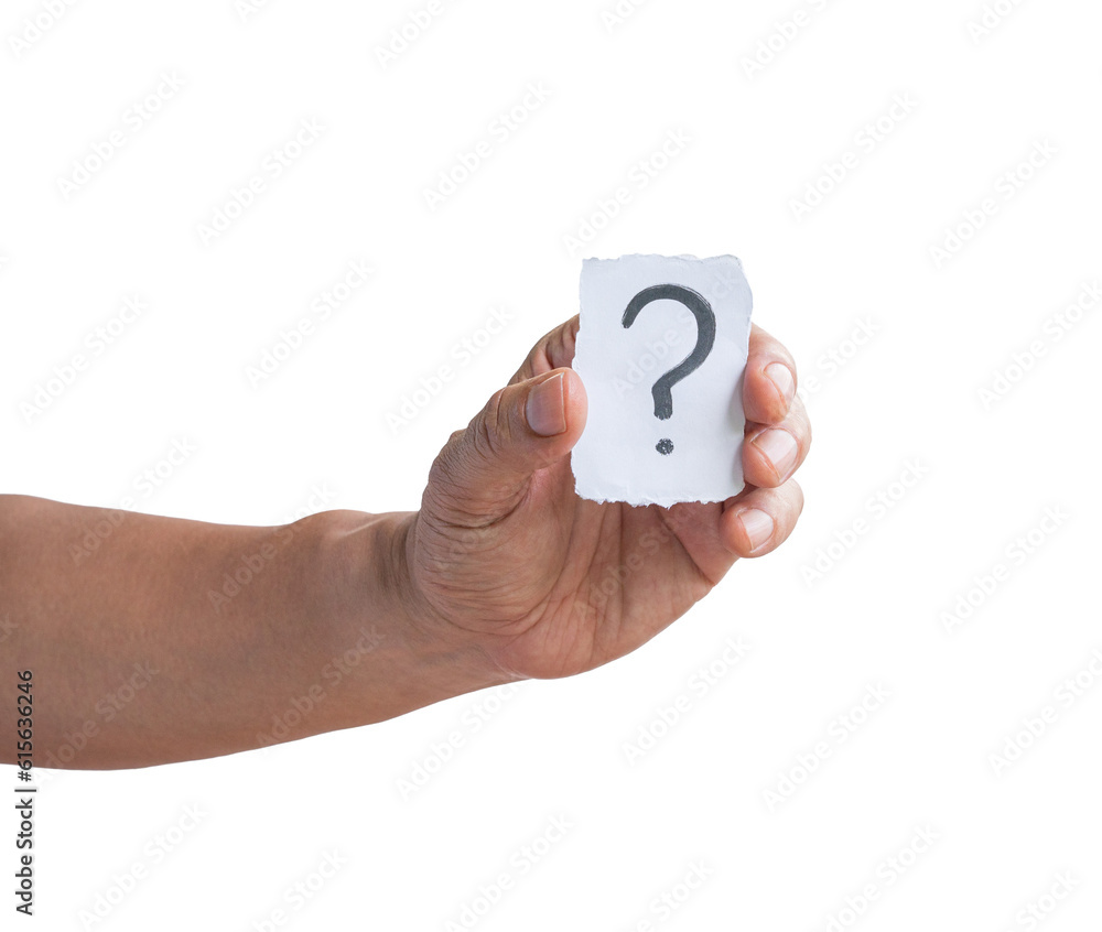 Man holding a piece of paper with a question mark. Help or query ...