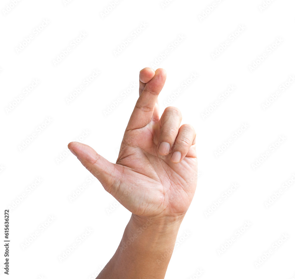 Poster Man hand show finger cross. Isolated, transparent background ...