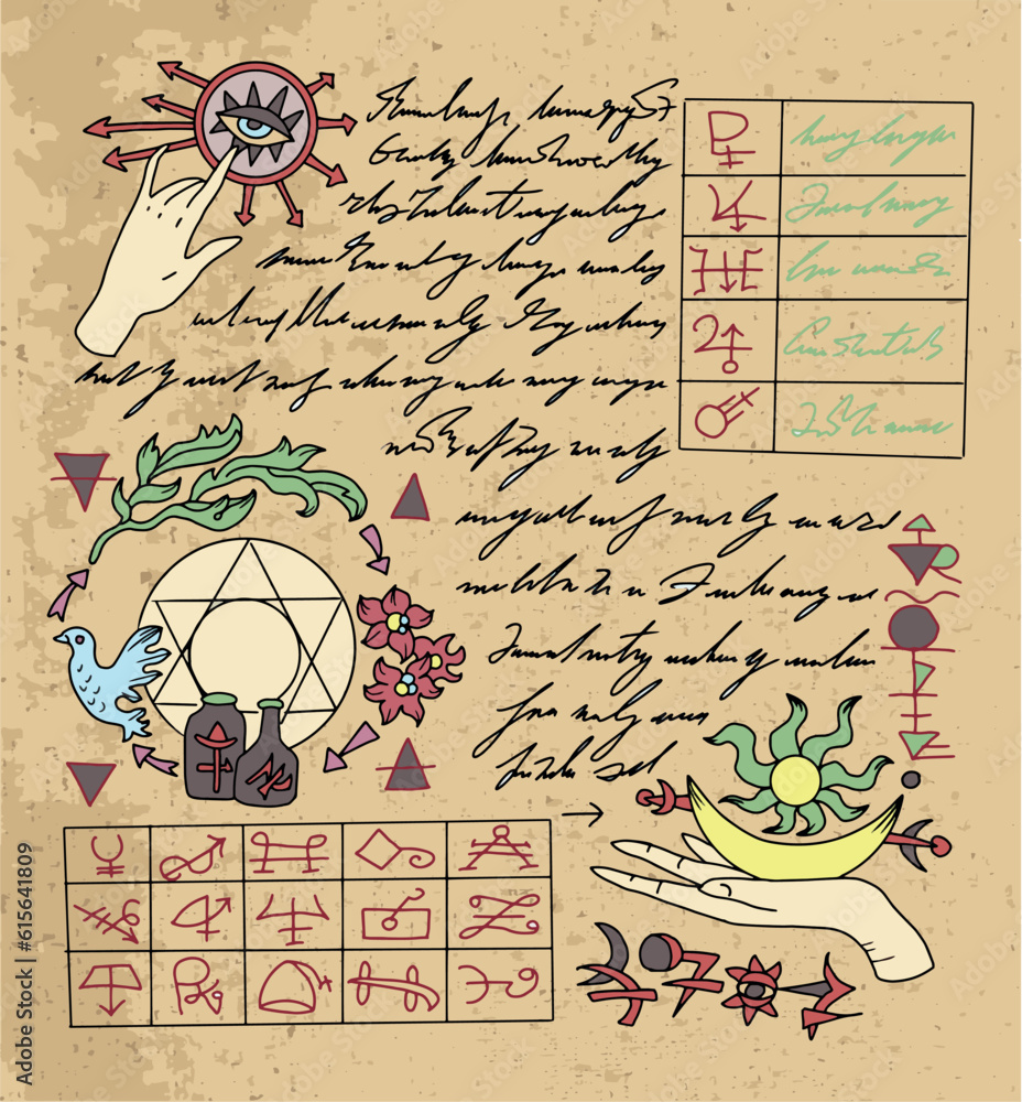 Vector Page with magic spells and mystic drawings from witch book on ...