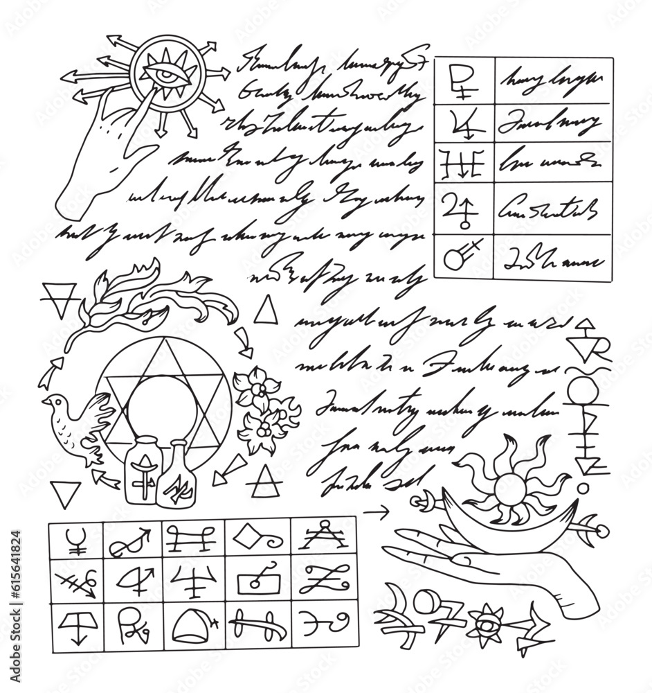 Vector Page with magic spells and mystic drawings from witch book on ...