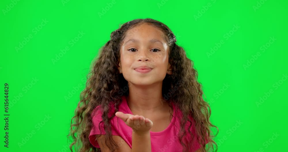 Green screen, studio and child blowing a kiss for love, care and ...