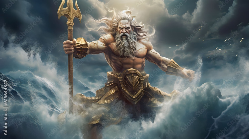 Giant poseidon coming out of the stormy sea. Greek mythological god ...