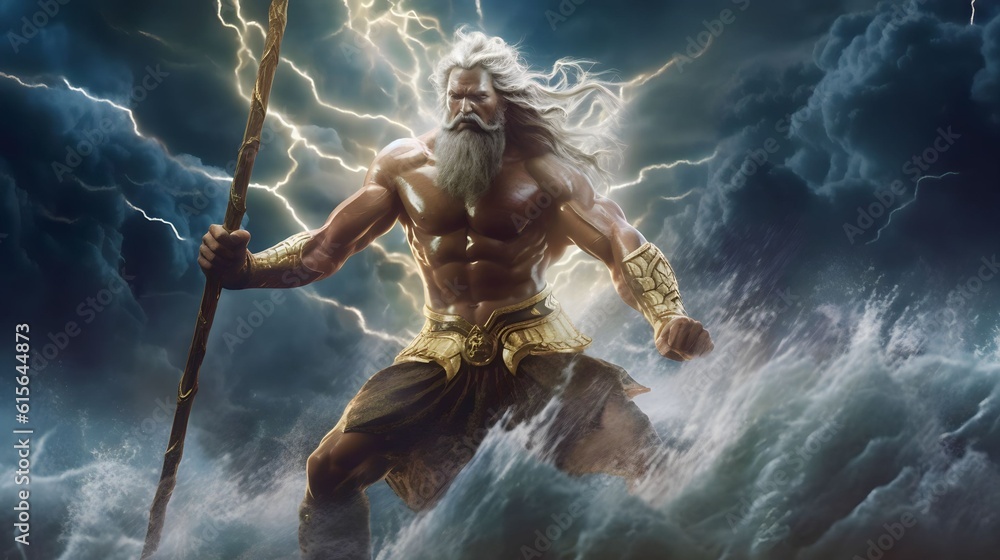 Giant poseidon coming out of the stormy sea. Greek mythological god ...
