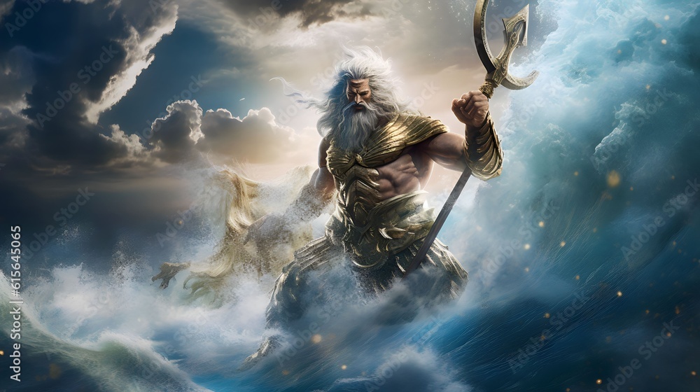Giant poseidon coming out of the stormy sea. Greek mythological god ...