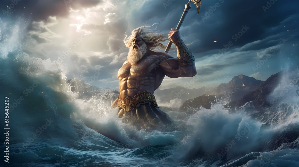 Giant poseidon coming out of the stormy sea. Greek mythological god ...
