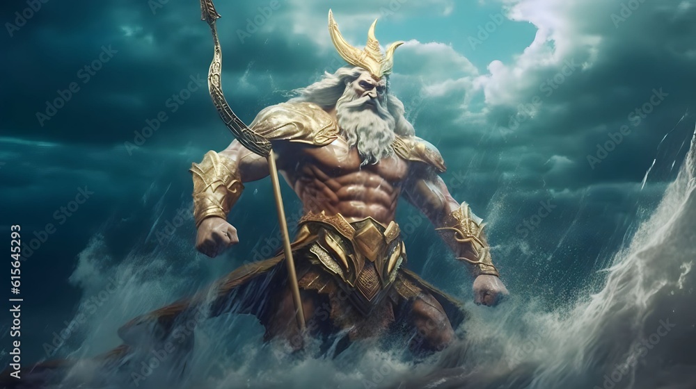 Giant poseidon coming out of the stormy sea. Greek mythological god ...