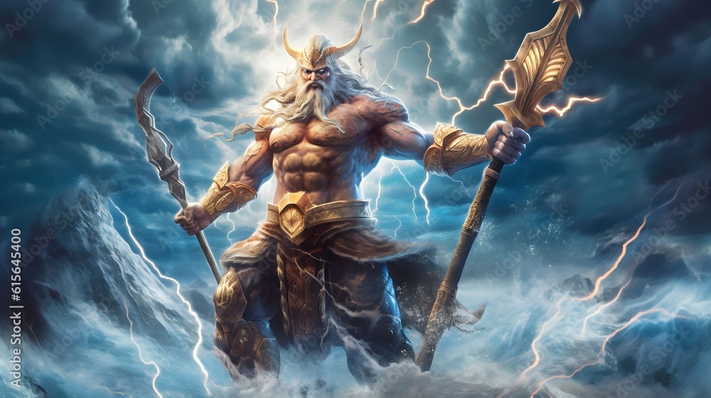 Giant poseidon coming out of the stormy sea. Greek mythological god ...