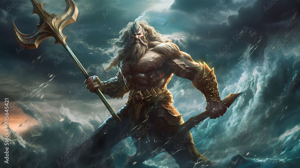 Giant poseidon coming out of the stormy sea. Greek mythological god ...