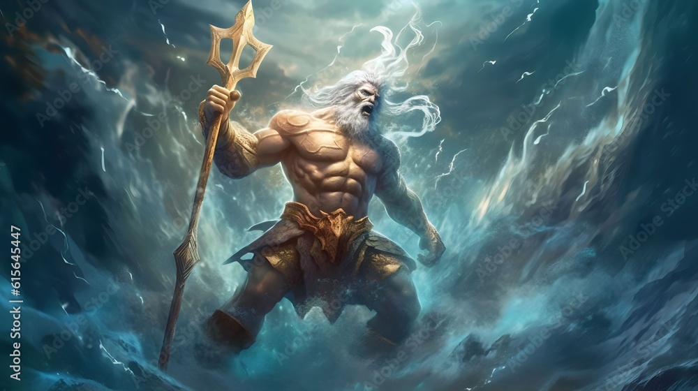 Giant poseidon coming out of the stormy sea. Greek mythological god ...