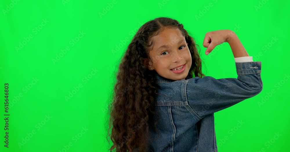 Girl child, strong muscle and green screen with face, flex and mockup ...