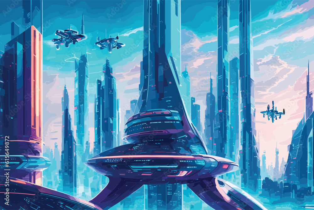 futuristic cityscape background illustration with advanced robotics and ...