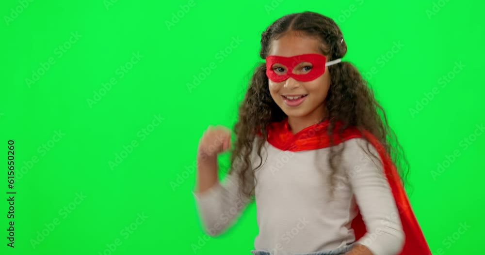 Girl child, superhero and green screen with punch, fight and justice ...