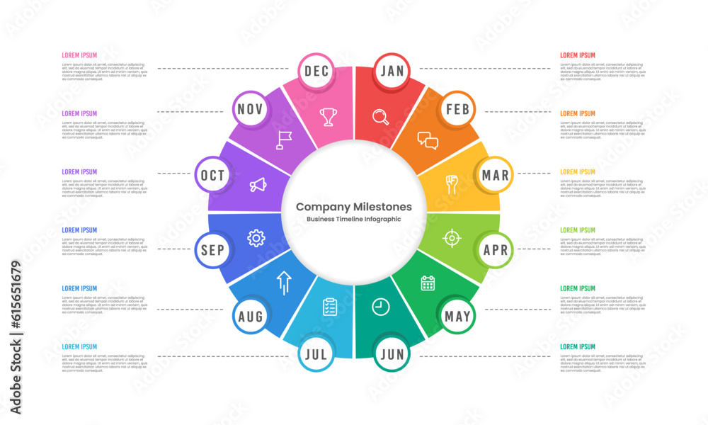 Infographic circle chart with 12 months for the project. annual report ...