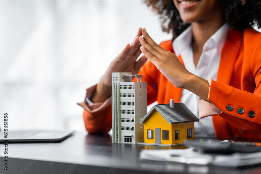 African American realtor working at desk, Housing estate, Vacancy ...