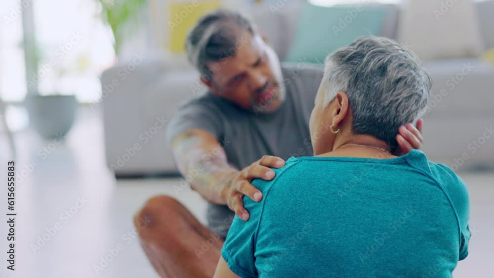 Couple, senior support and shoulder with hand for love, empathy and ...