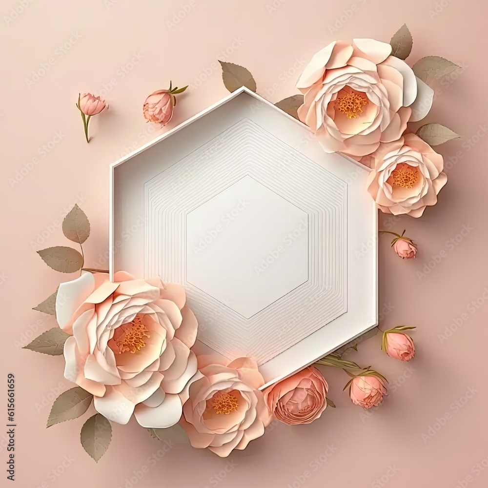 Romantic coloring in pastel roses of hexagon shape frame with leaves ...