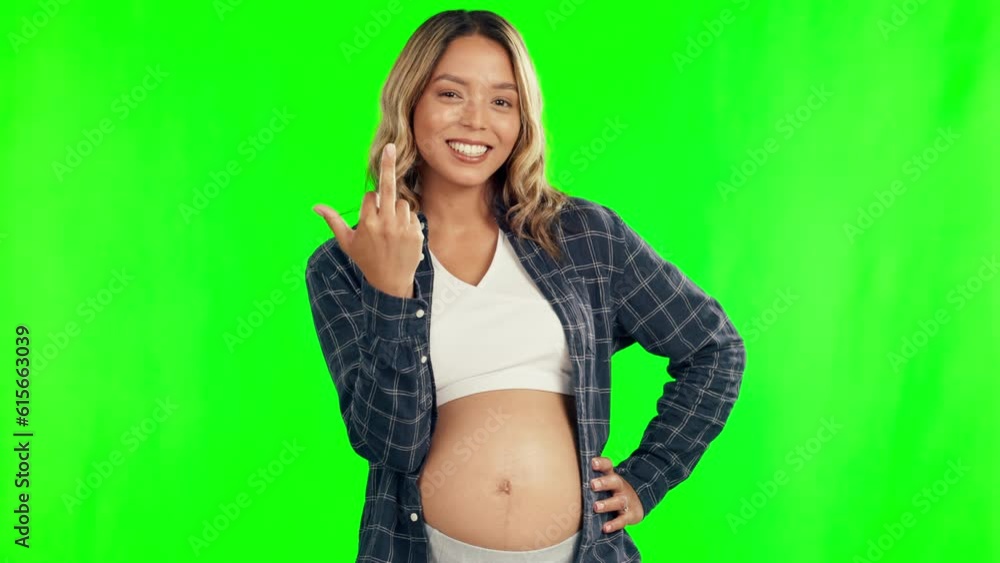 Video Stock Pregnant, green screen and happy woman with middle finger ...