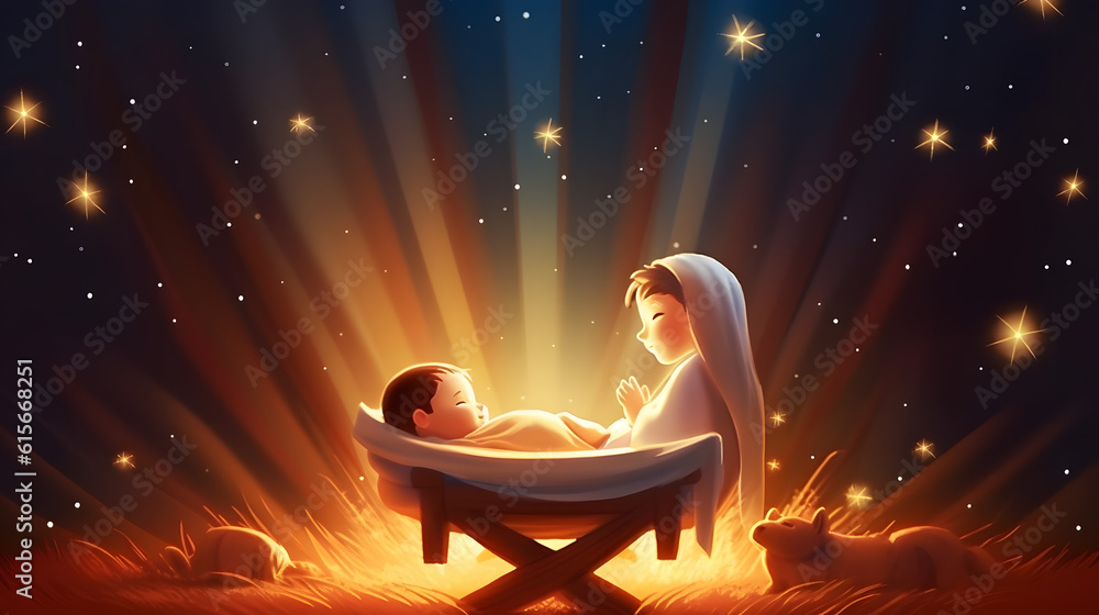 Christmas nativity scene of born child baby Jesus Christ in the manger ...