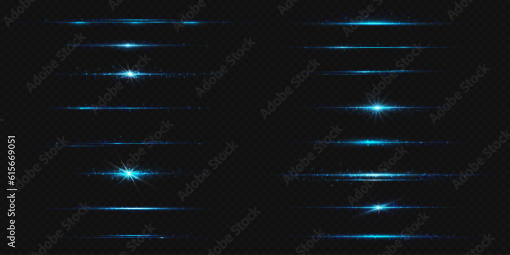 Blue line light glow with sparkle and flare shine. Horizontal turquoise neon streak effect ...