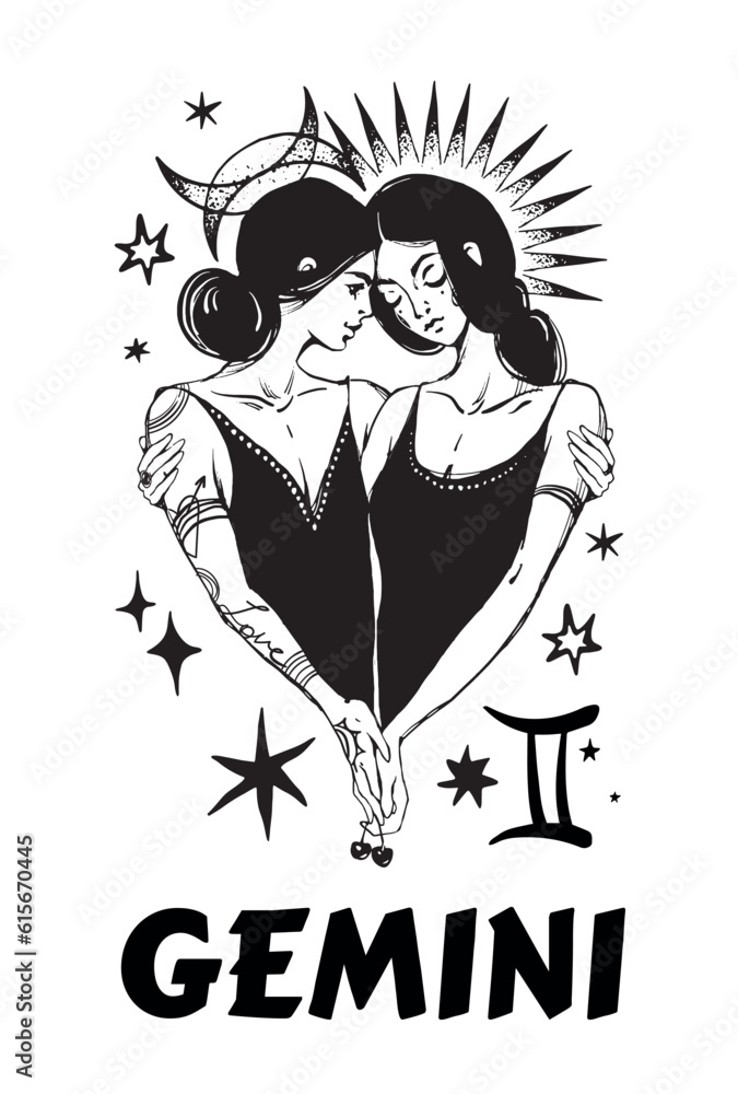 Gemini zodiac sign mystical engraving, modern tattoo, astrology card ...