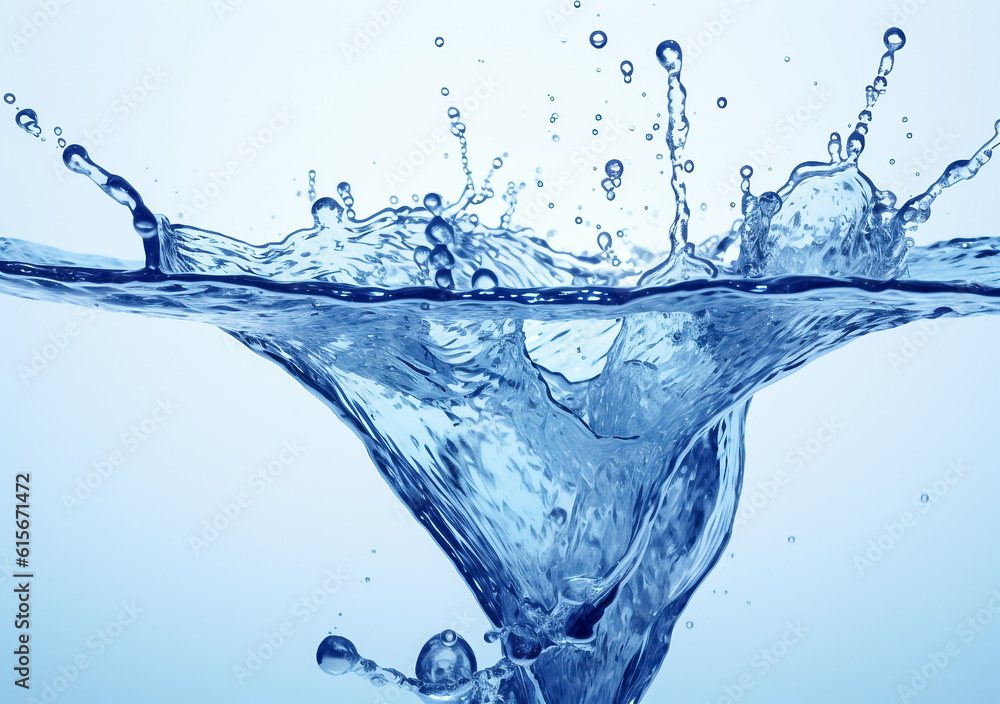 On a blue background, a pristine water splash captures the essence of ...