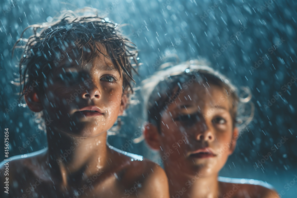 Shirtless boy swimming in pool under the rain, splashing in swimming ...