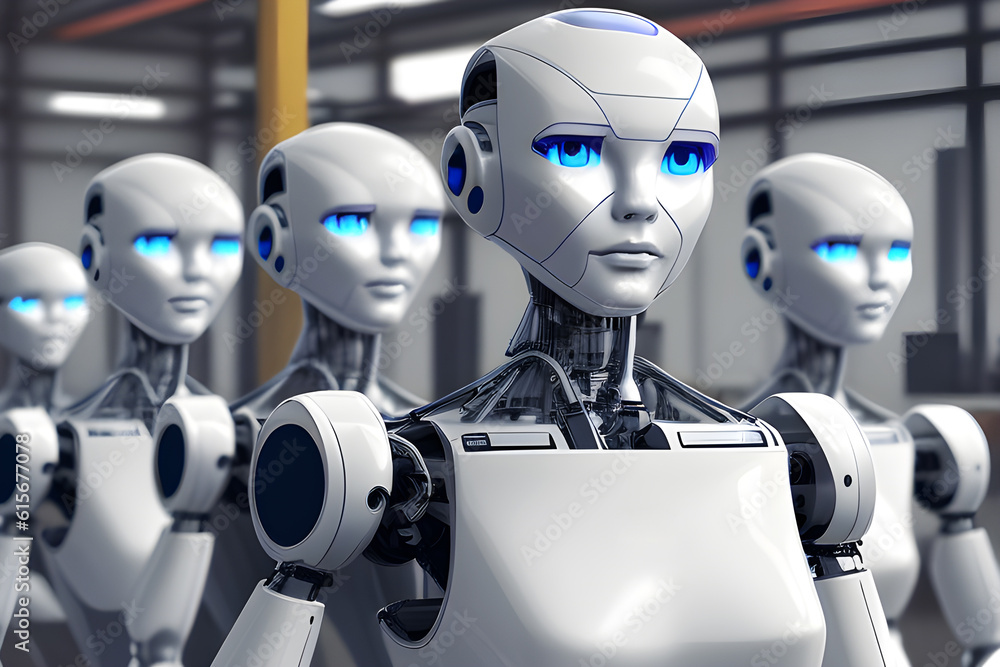 many of humanoid robots manufacturing in a technology factory or ...
