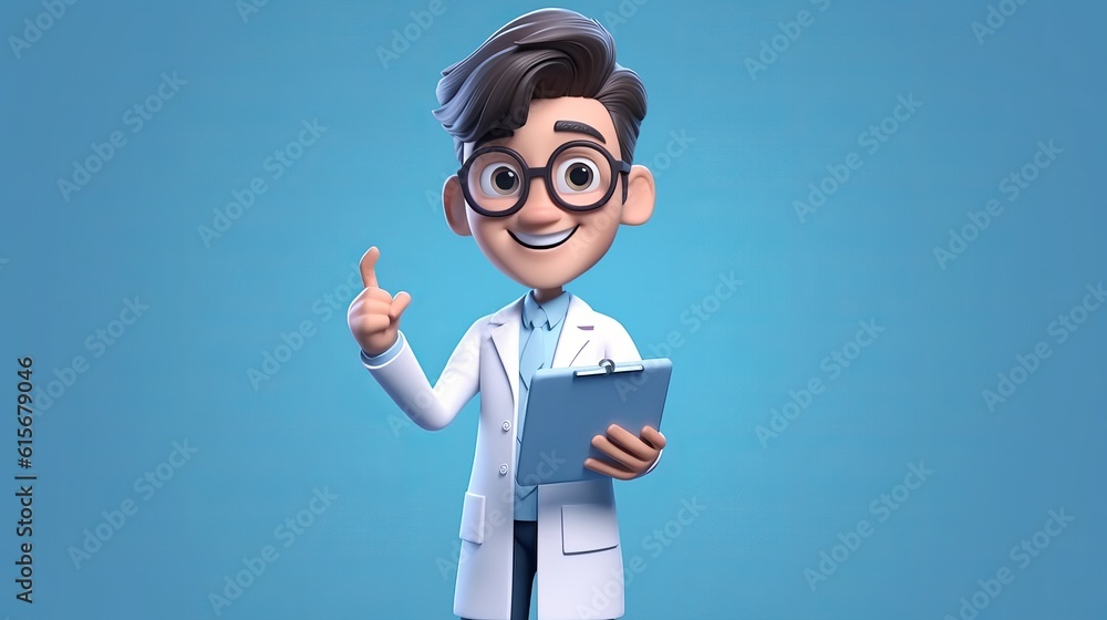3D Render: Cartoon Character Doctor Pointing Upwards with Clipboard ...