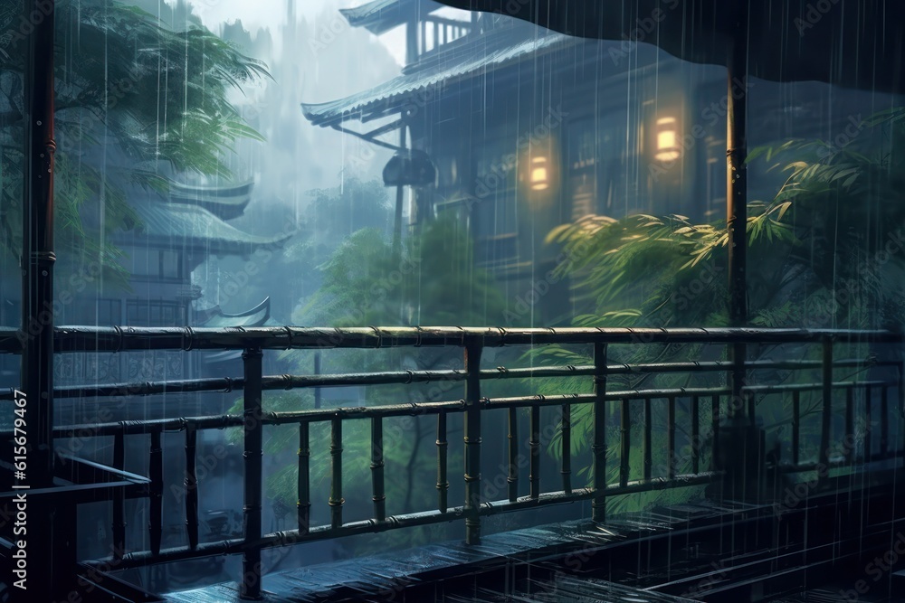 a small balcony full of mist surrounded by bamboo trees, in the style ...