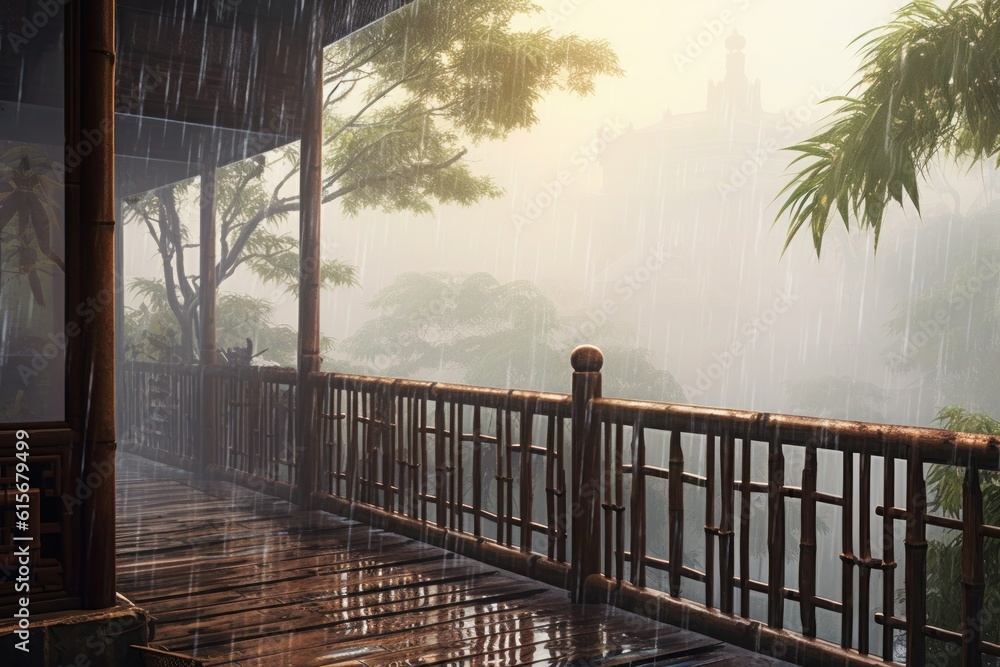 a small balcony full of mist surrounded by bamboo trees, in the style ...