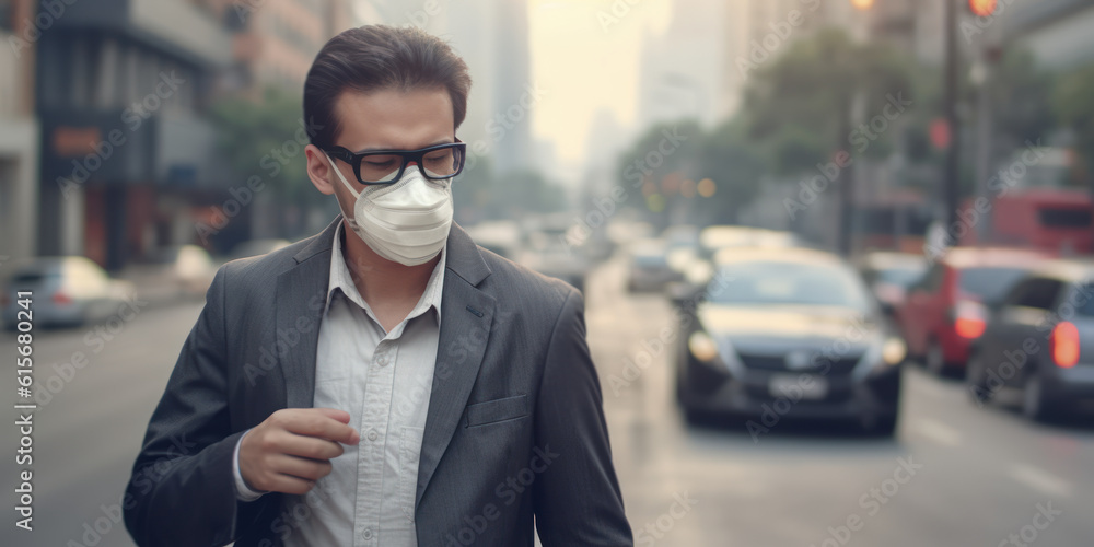 On the street, a businessman wearing a mask. Protection against dust ...