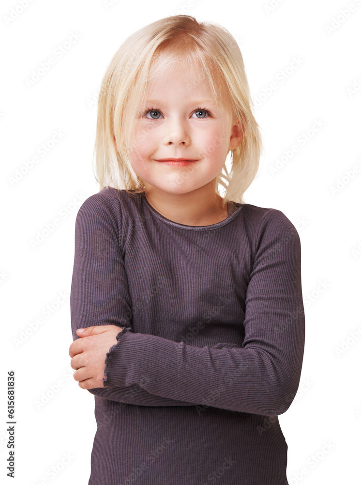 Girl, child and smile with arm crossed with thinking in png or isolated ...