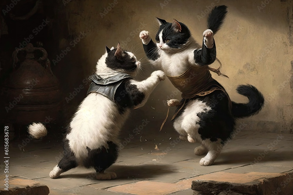 Furious fluffy cats in fighting in the boxing stadium, theme of vintage ...