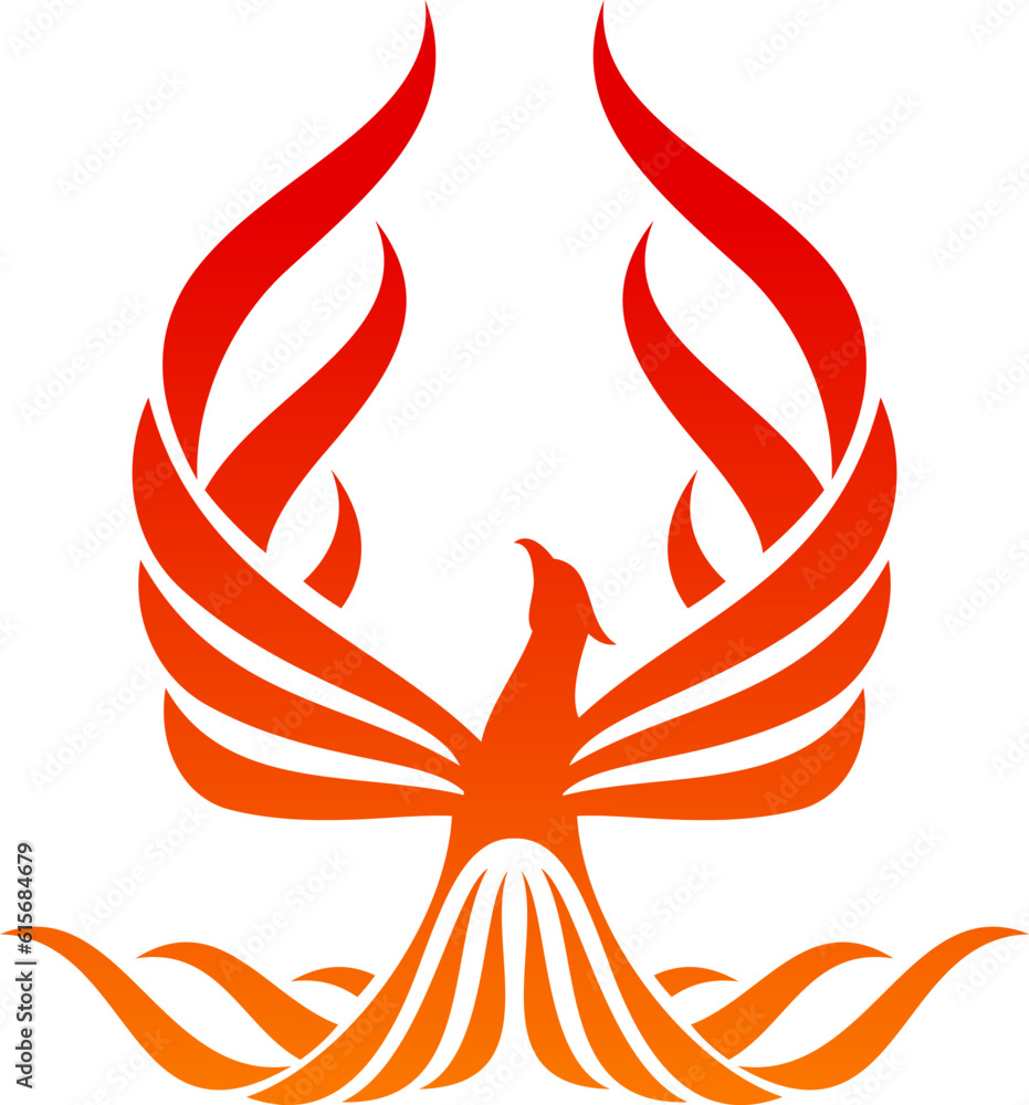 Phoenix bird icon or firebird rising on fire flame wings, vector symbol. Phoenix or heraldic ...