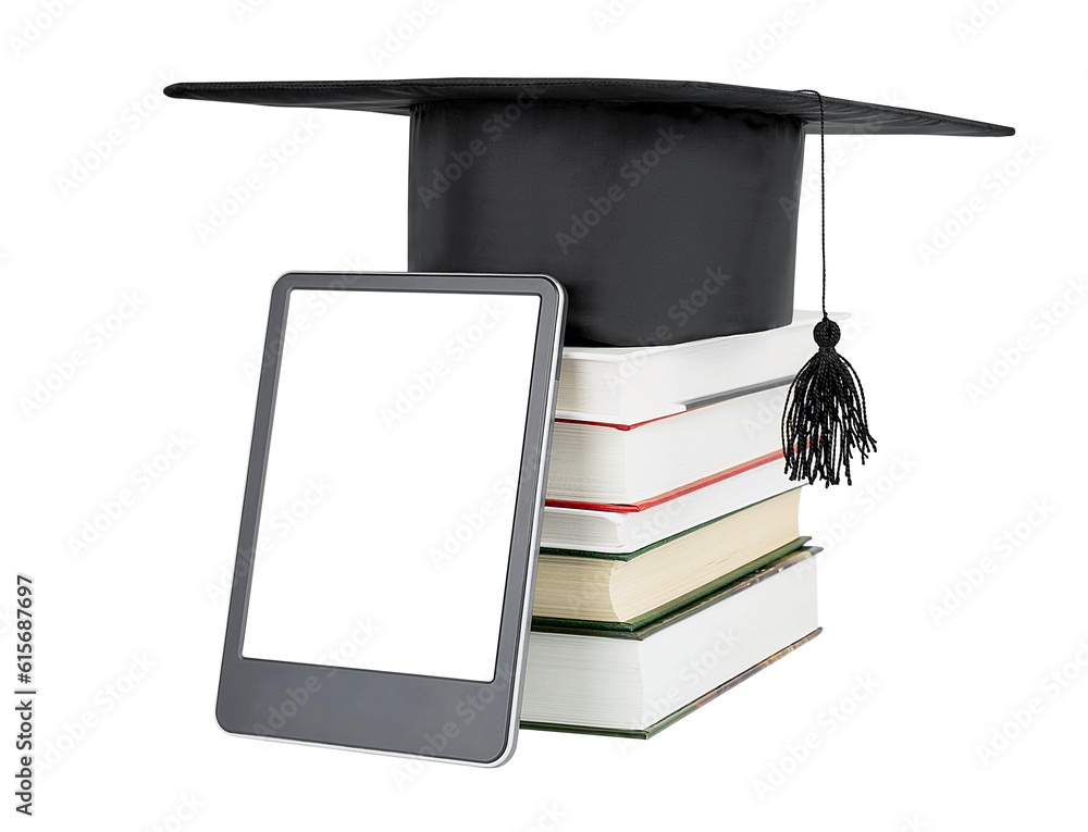 E-book with blank display near the stack of books with graduation hat ...