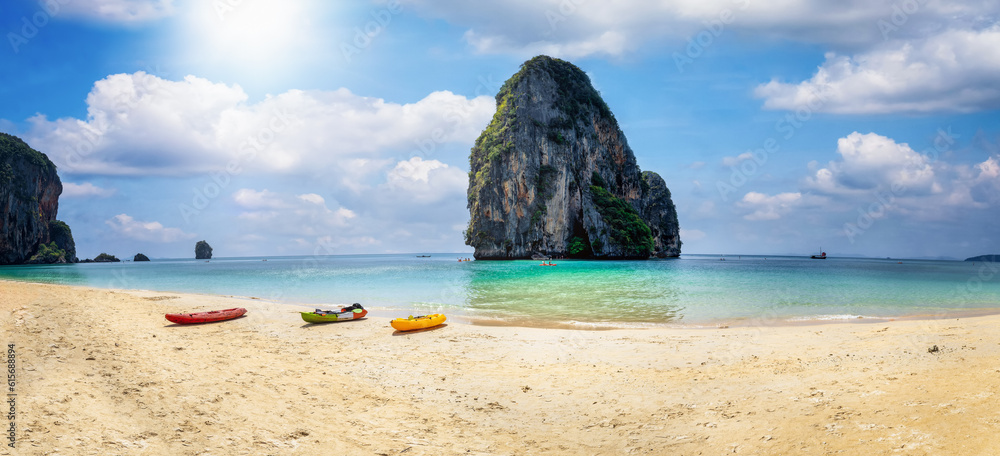 Panoramic viea of the popular Phra Nang Cave Beach at Railey, Krabi ...