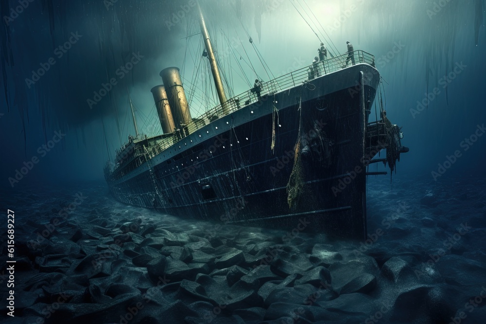 titanic wreck in the bottom of atlantic ocean illustration generative ...