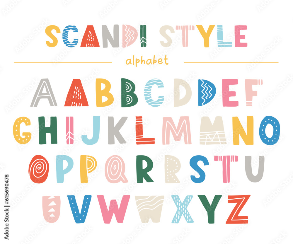 Scandinavian colorful font. Vector childish hand drawn alphabet. Hygge ...