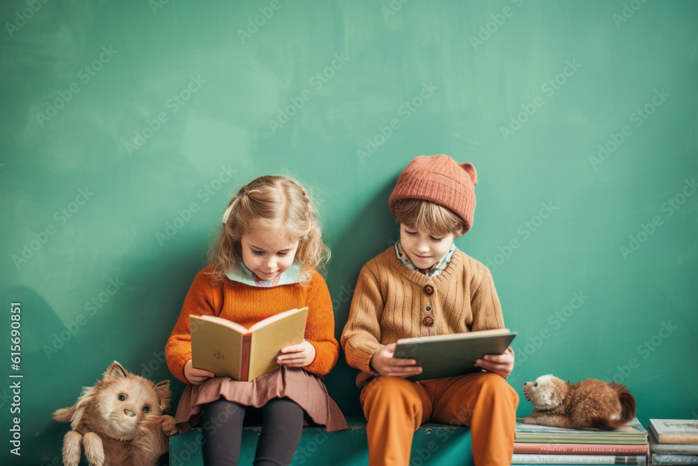 Little children hold books and read books isolated on mint background ...