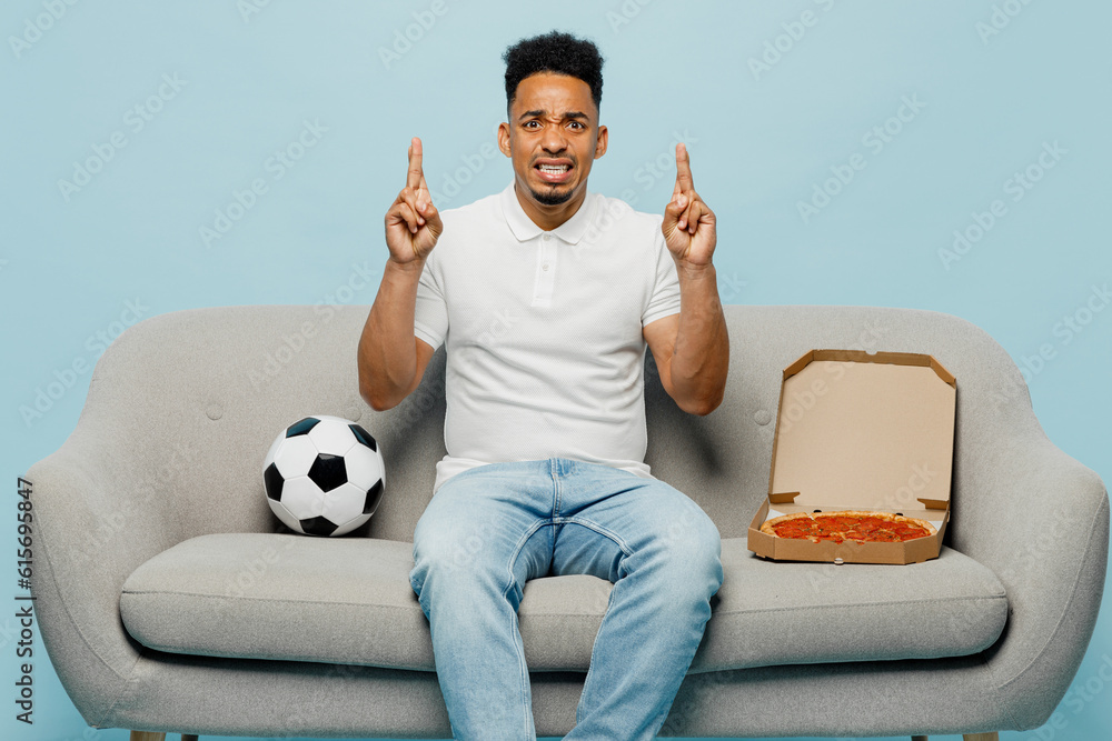 Full body young man fan wear t-shirt cheer up support football sport ...