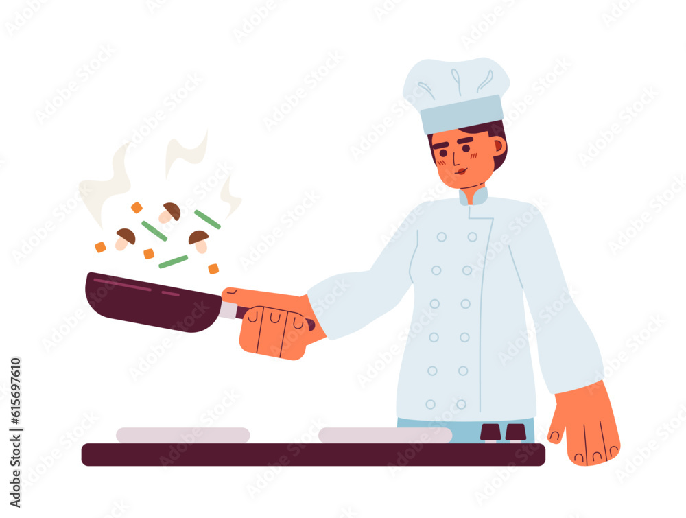 Skilled chef flipping vegetables semi flat colorful vector character ...