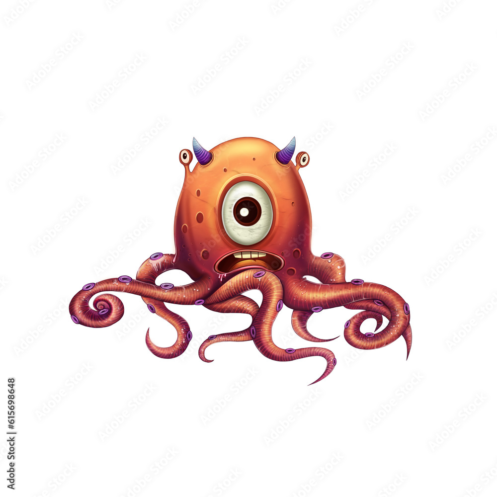 Cartoon brown octopus with funny face on white background using ...