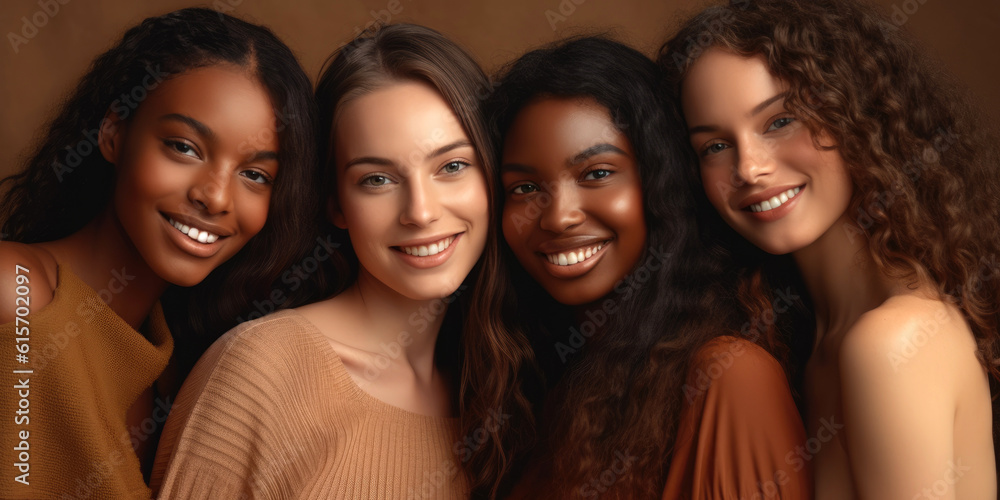 Skincare, diversity and women hug portrait for inclusivity, happiness ...