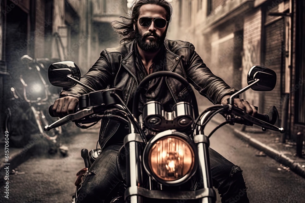 Biker Man Riding on Motorcycle with Bad Boy Vibes, Generated AI Stock ...