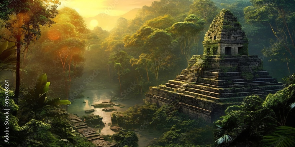 ancient and overgrown mayan temple ruins in the jungle, lost place in ...